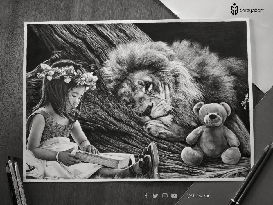 Lion and girl Drawing by Shreya5art