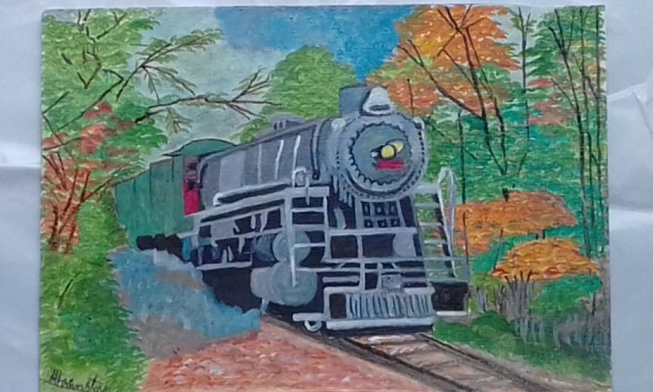 Steam engine. Coloured.