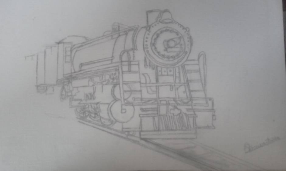 Steam engine. Simple pencil sketch.