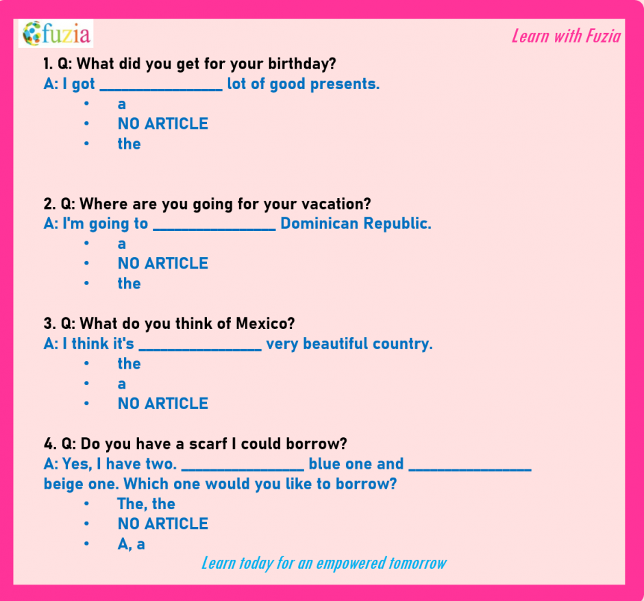 QUIZ - Articles (a, an , the) - Fuzia