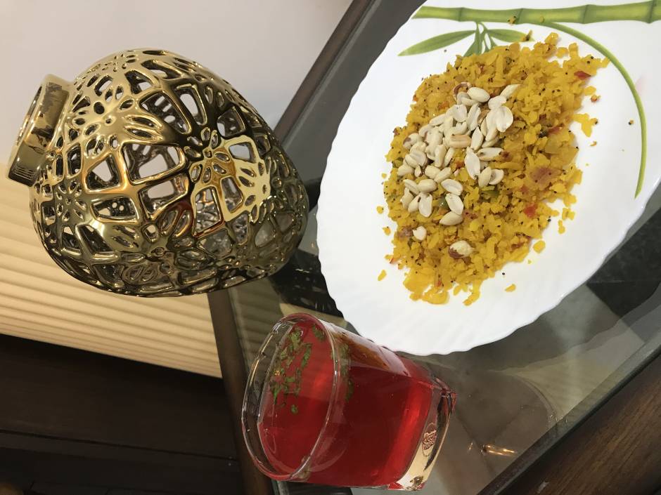 Poha with roohafza lemon mint drink